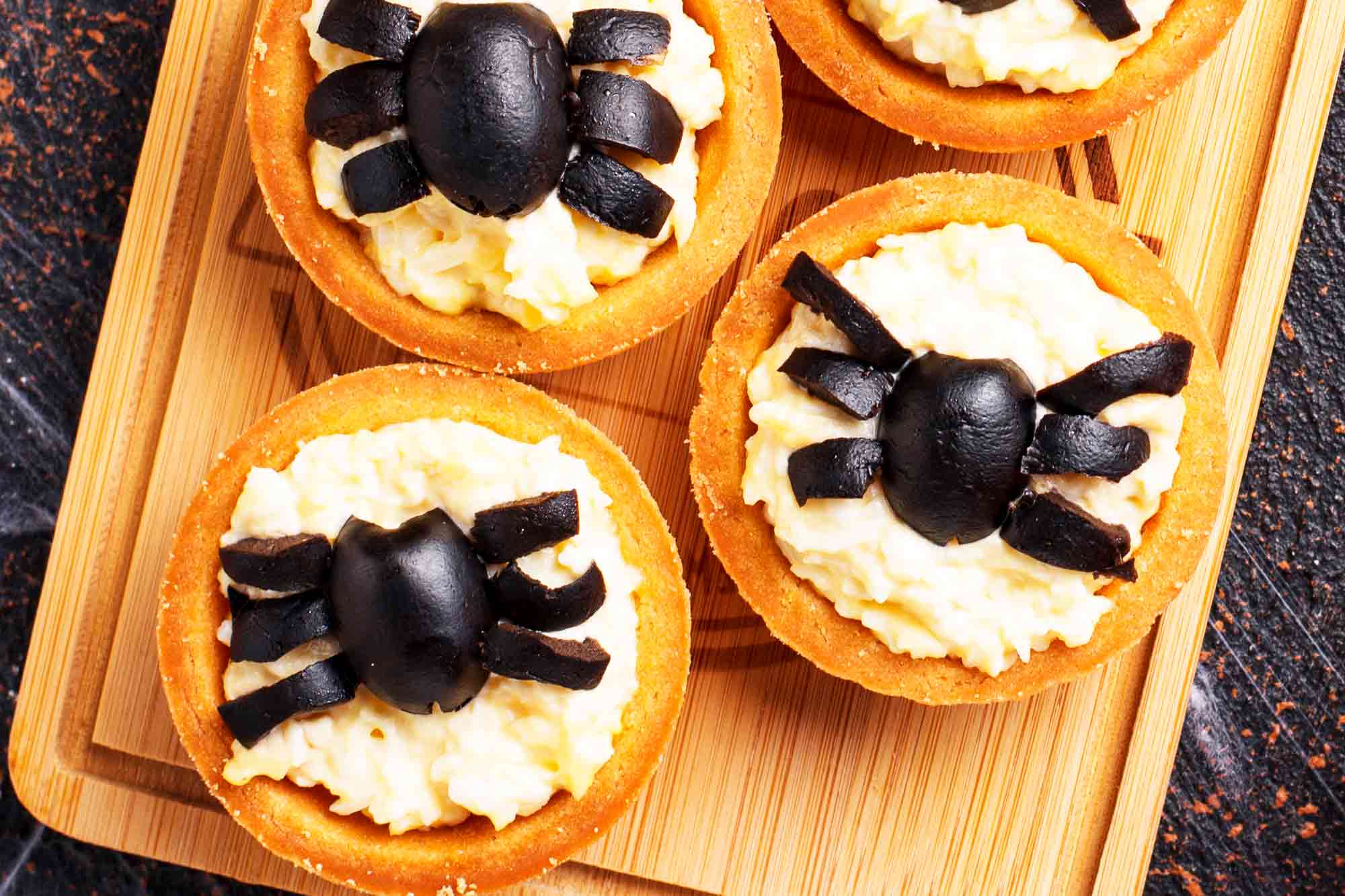 Halloween Cream Cheese Tartlets with Olive Spider Decoration - How To ...